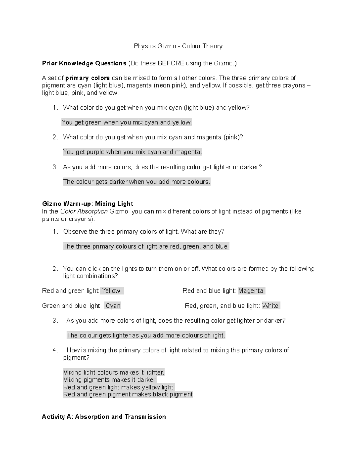 Physics Gizmo - Colour Theory - ) A set of pigment are cyan (light blue ...