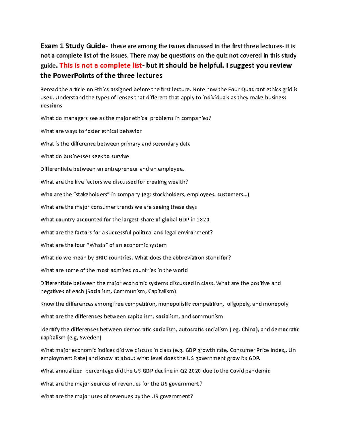 Quiz 1 Study Guide - Exam 1 Study Guide- These are among the issues ...