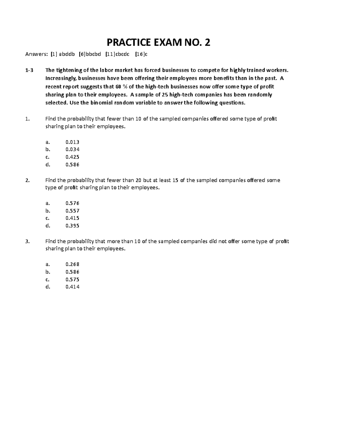 Module 2 Sample Exam - PRACTICE EXAM NO. 2 Answers: [1] abddb [6]bbcbd ...