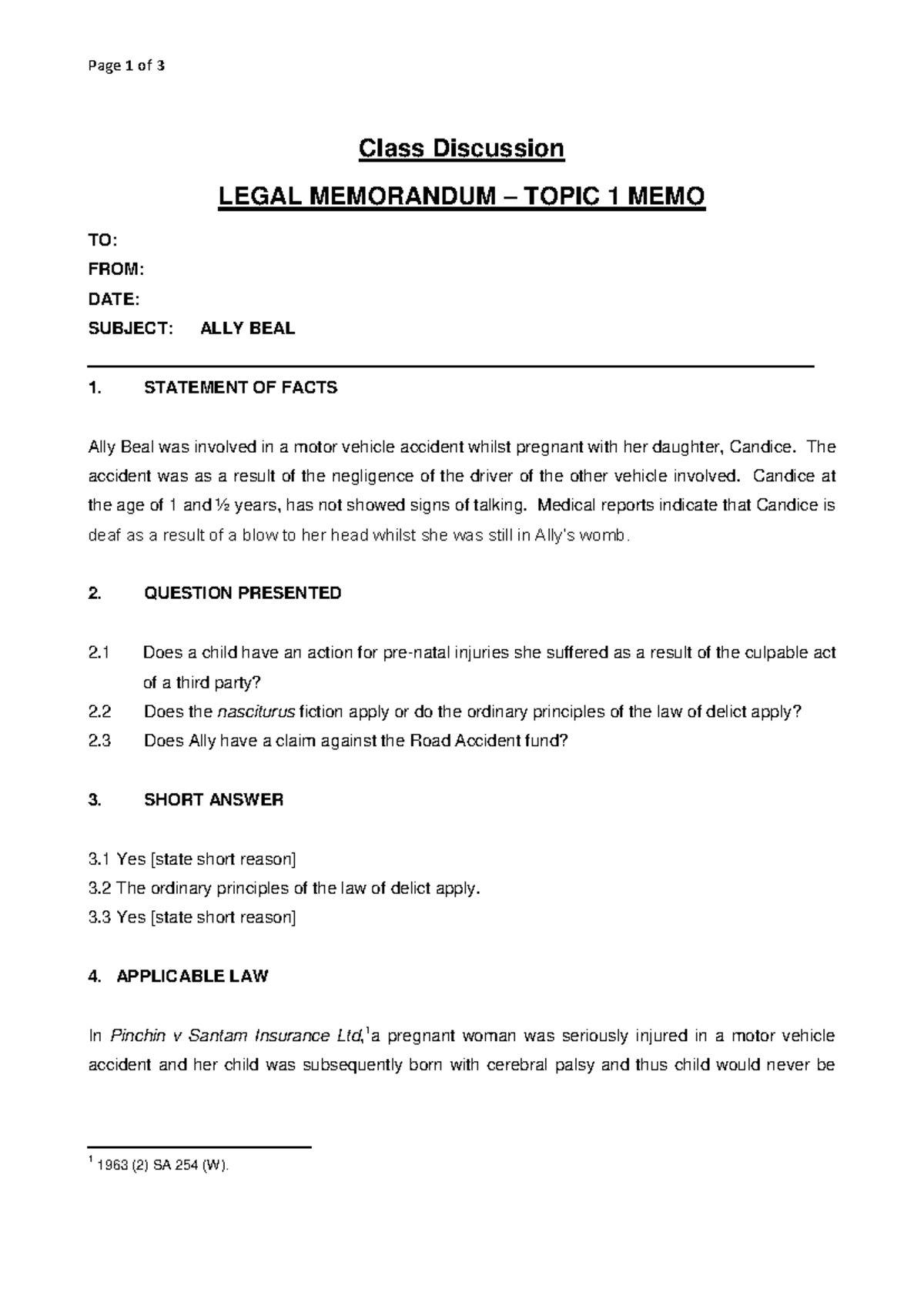 Legal Memo Example 2023 - Page 1 of 3 Class Discussion LEGAL MEMORANDUM ...