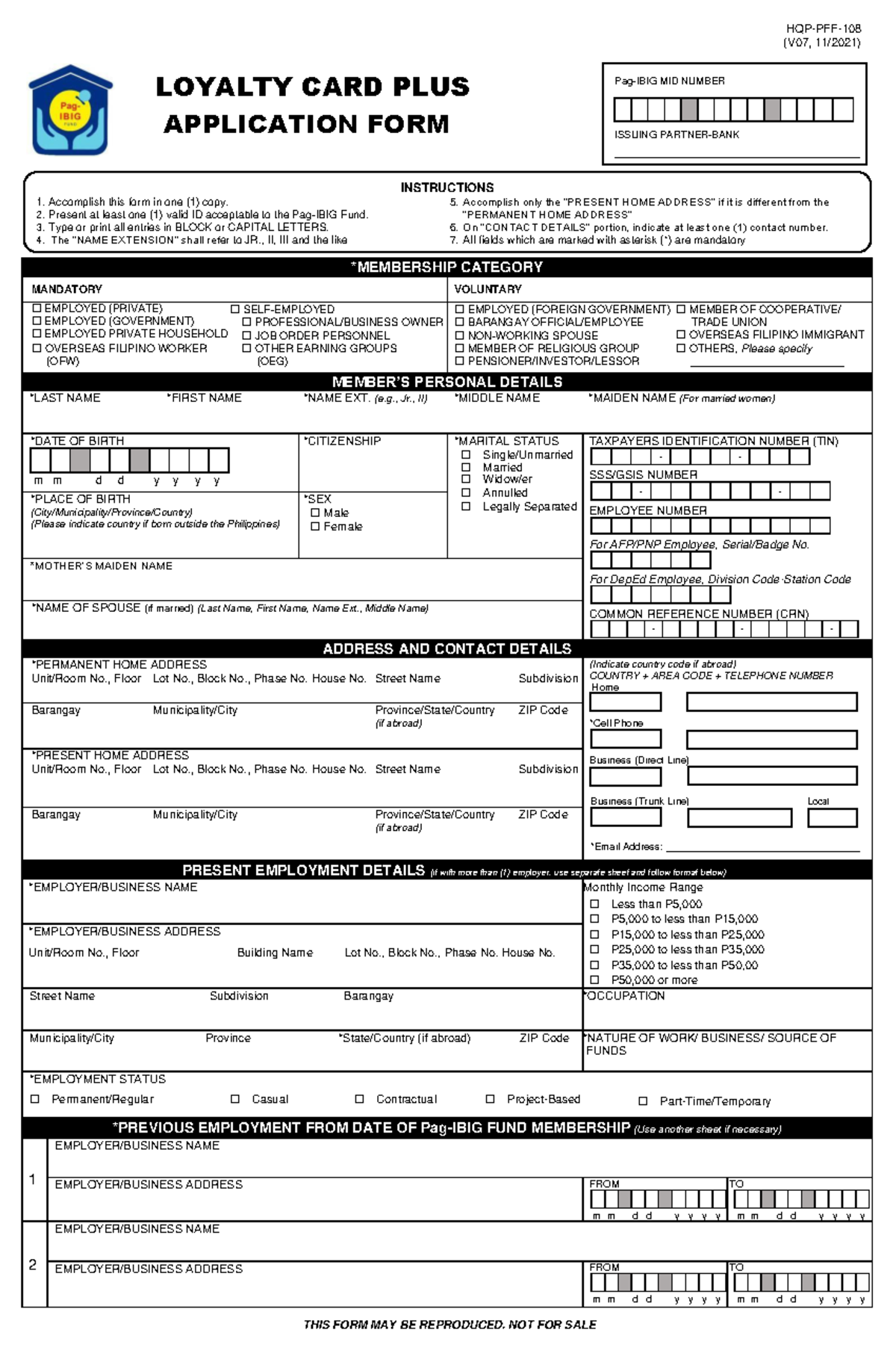PFF108 Loyalty Card Plus Application Form V07 - Pag-IBIG MID NUMBER ...