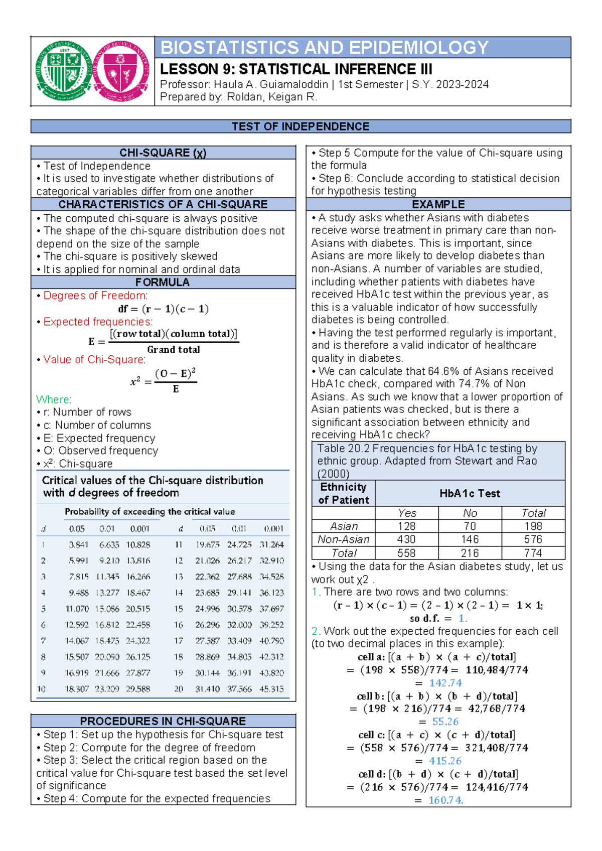 Lesson 9 [BIOE 211] - STATISTICAL INFERENCE III - BIOSTATISTICS AND EPIDEMIOLOGY LESSON 9: - Studocu
