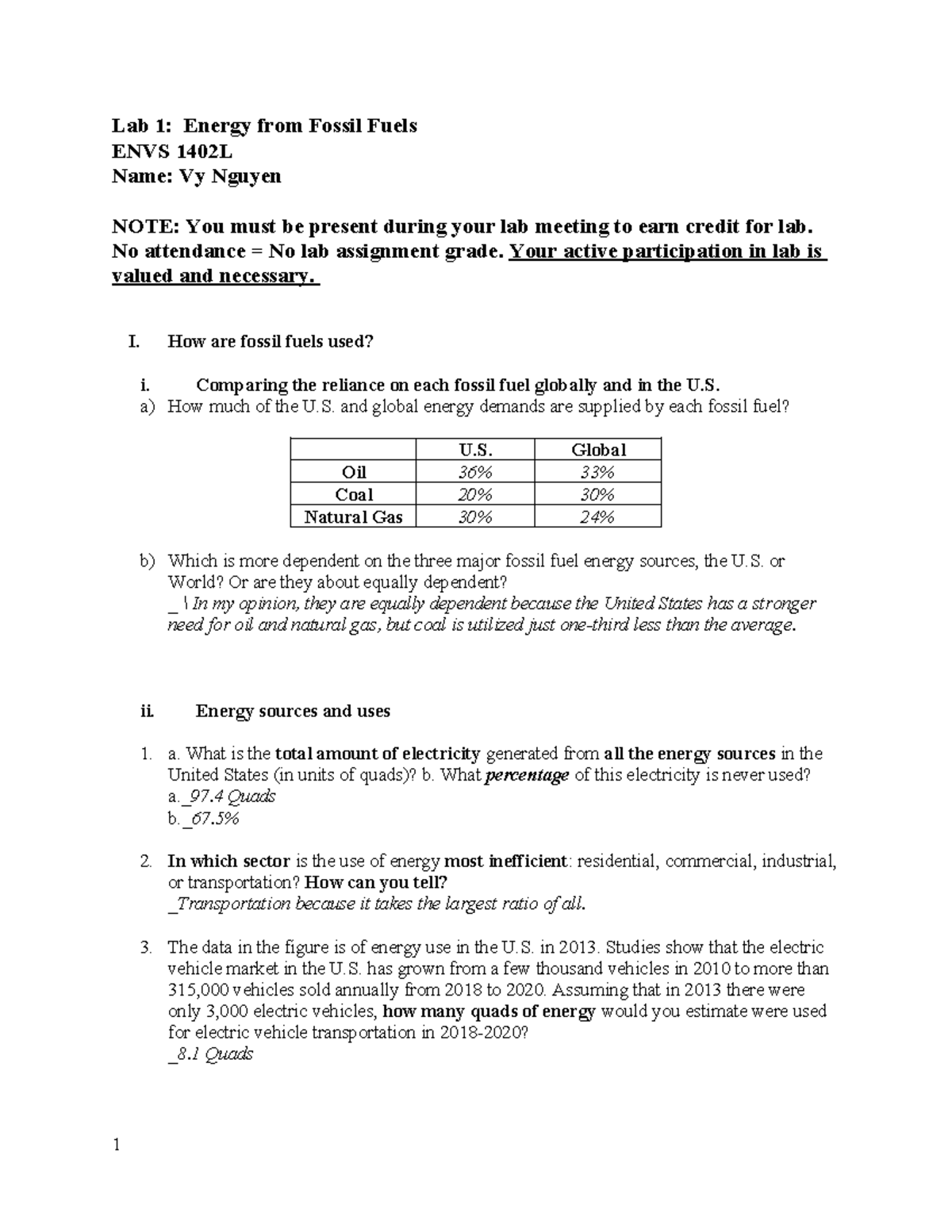 Lab 1 - Lab 1 assignment - Lab 1: Energy from Fossil Fuels ENVS 1402L Name: Vy Nguyen NOTE: You ...