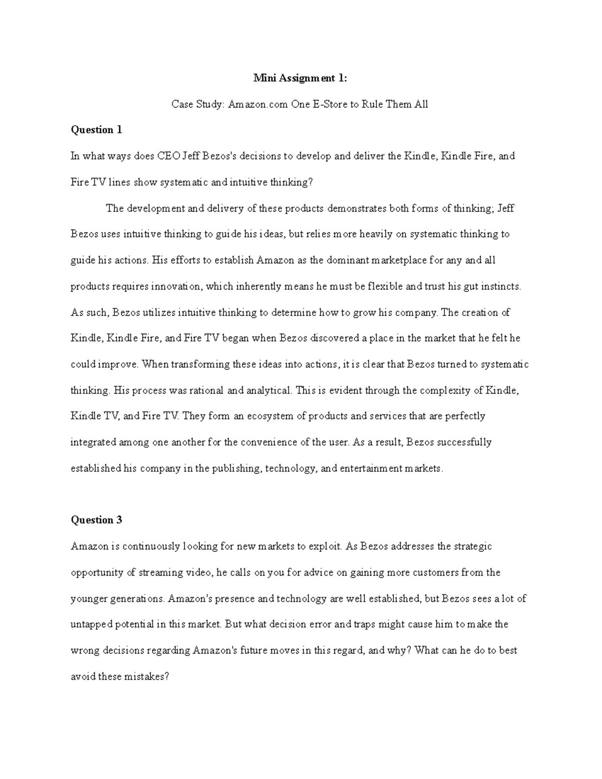 GMS200 Mini Assignment 1 (Amazon Case Study) - Mini Assignment 1: Case Study: Amazon One E-Store ...