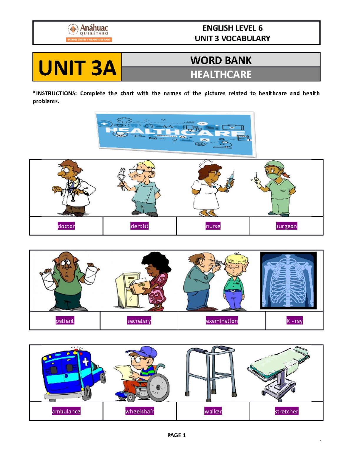 1. UNIT 3 - Vocabulary ( Level 6) - UNIT 3 VOCABULARY UNIT 3A WORD BANK HEALTHCARE *INSTRUCTIONS ...