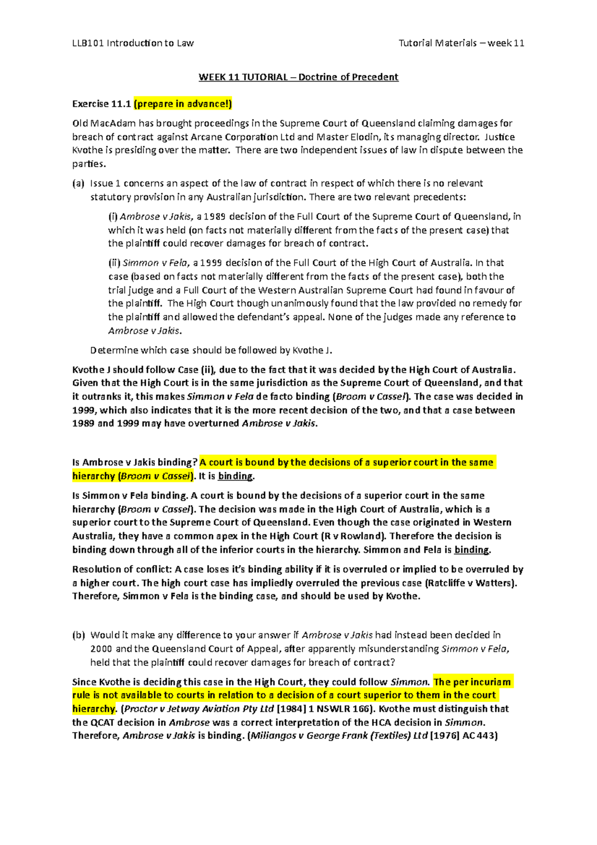 LLB101 WEEK 11 Tutorial Answers - WEEK 11 TUTORIAL – Doctrine of ...