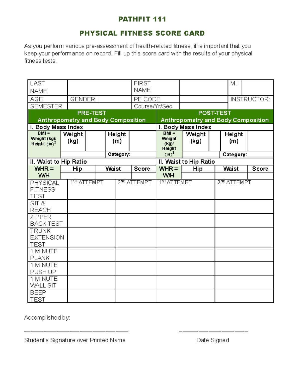 Pathfit 1-PFT-1 - PATHFIT 111 PHYSICAL FITNESS SCORE CARD As you ...