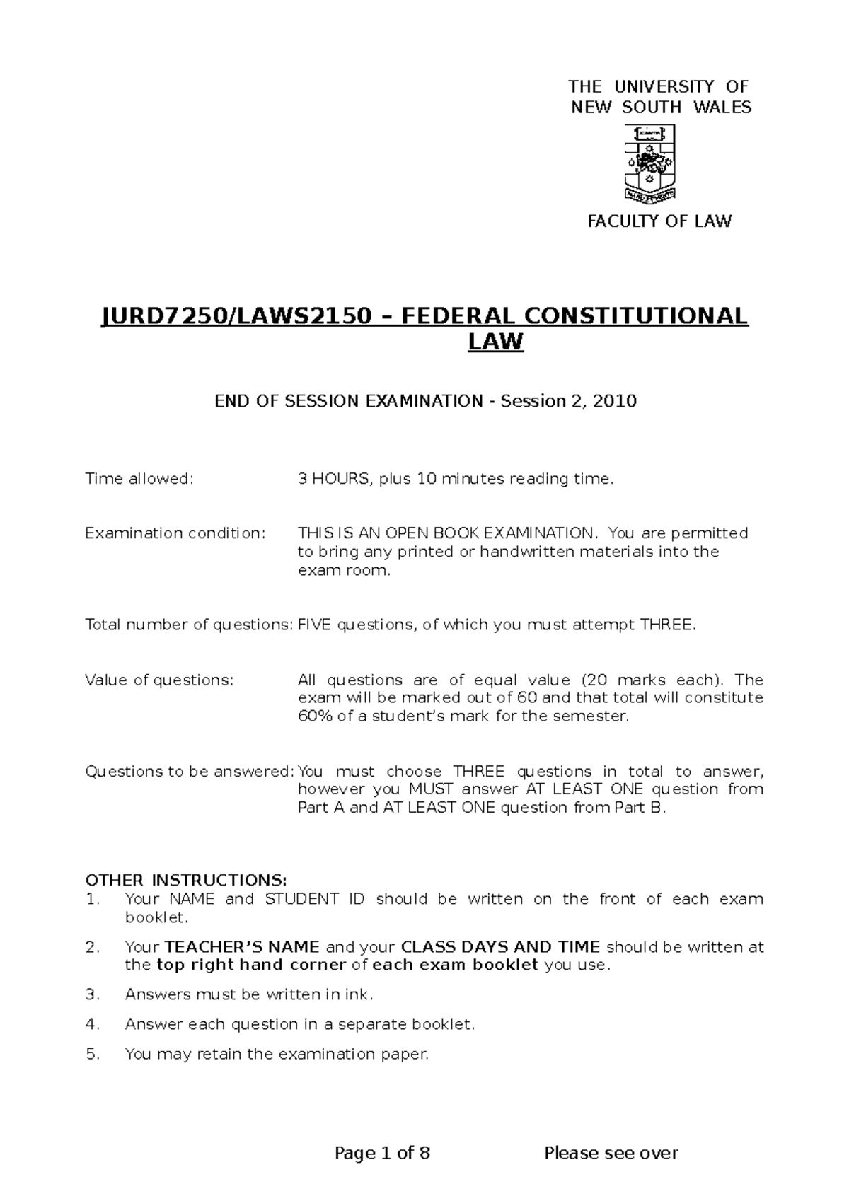Exam 2010, questions - JURD7250/LAWS2150 – FEDERAL CONSTITUTIONAL LAW ...