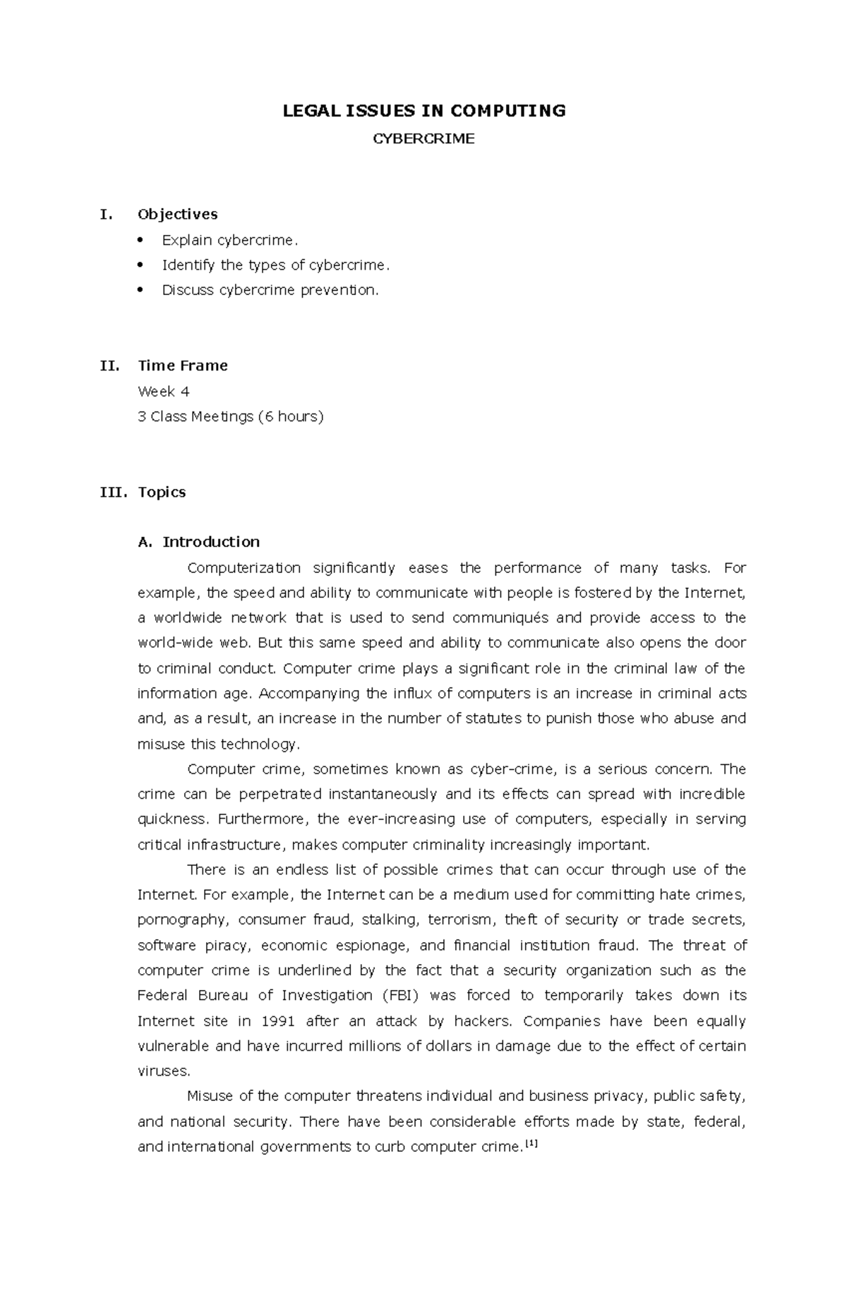 Lecture - Legal Issues in Computing-Cybercrime - LEGAL ISSUES IN ...