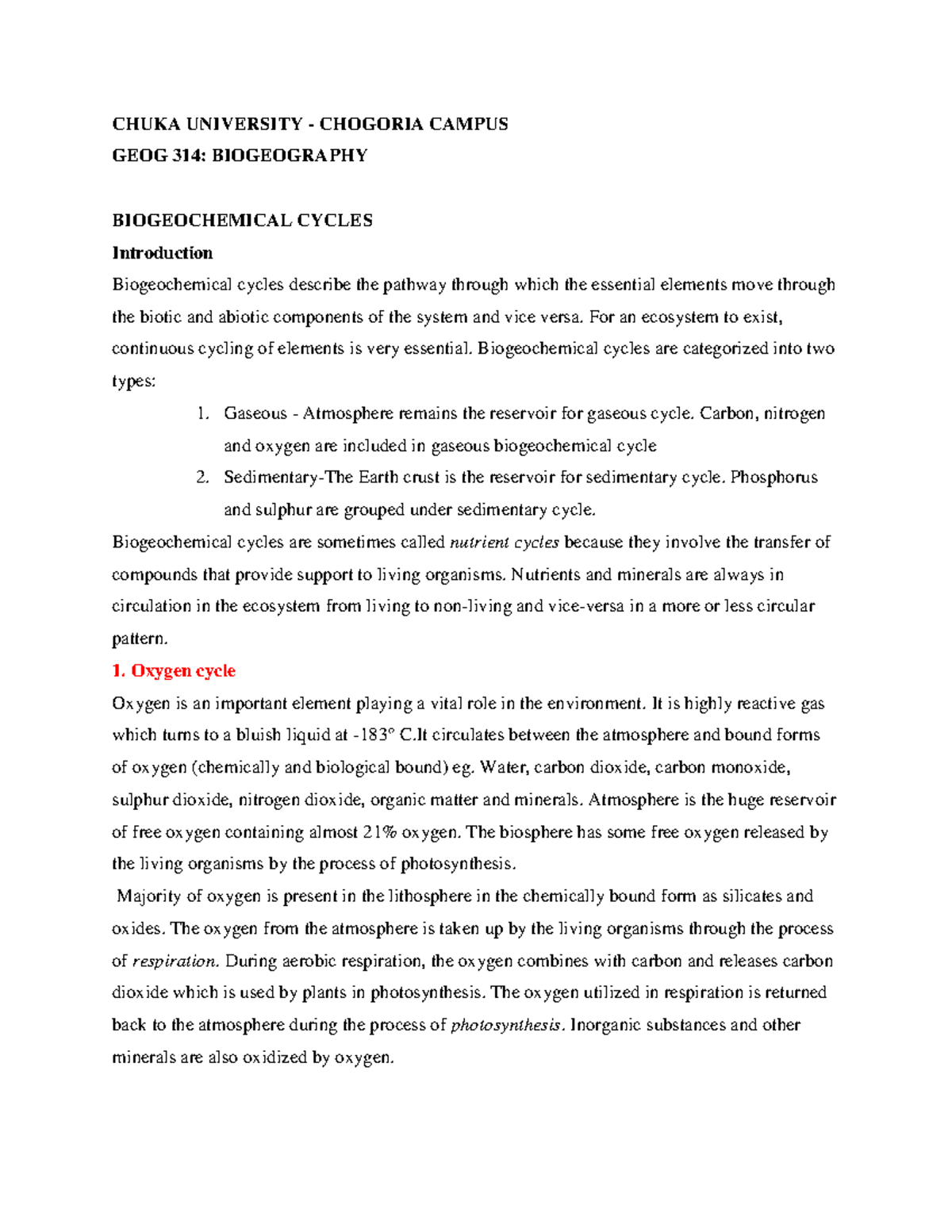 Biogeochemical cycles - CHUKA UNIVERSITY - CHOGORIA CAMPUS GEOG 314 ...
