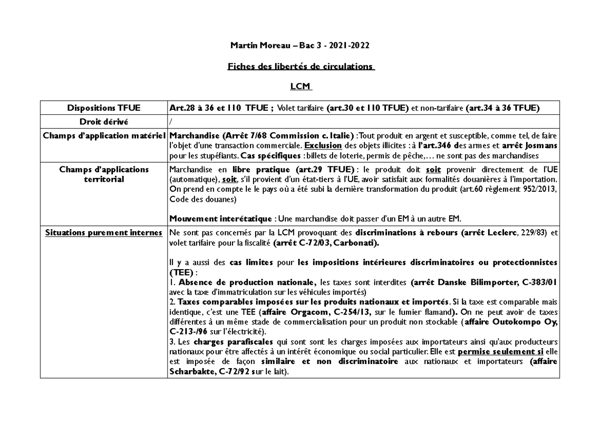 Tableaux LC DME - Tableau résumé de liberté de circulation - Fiches des ...