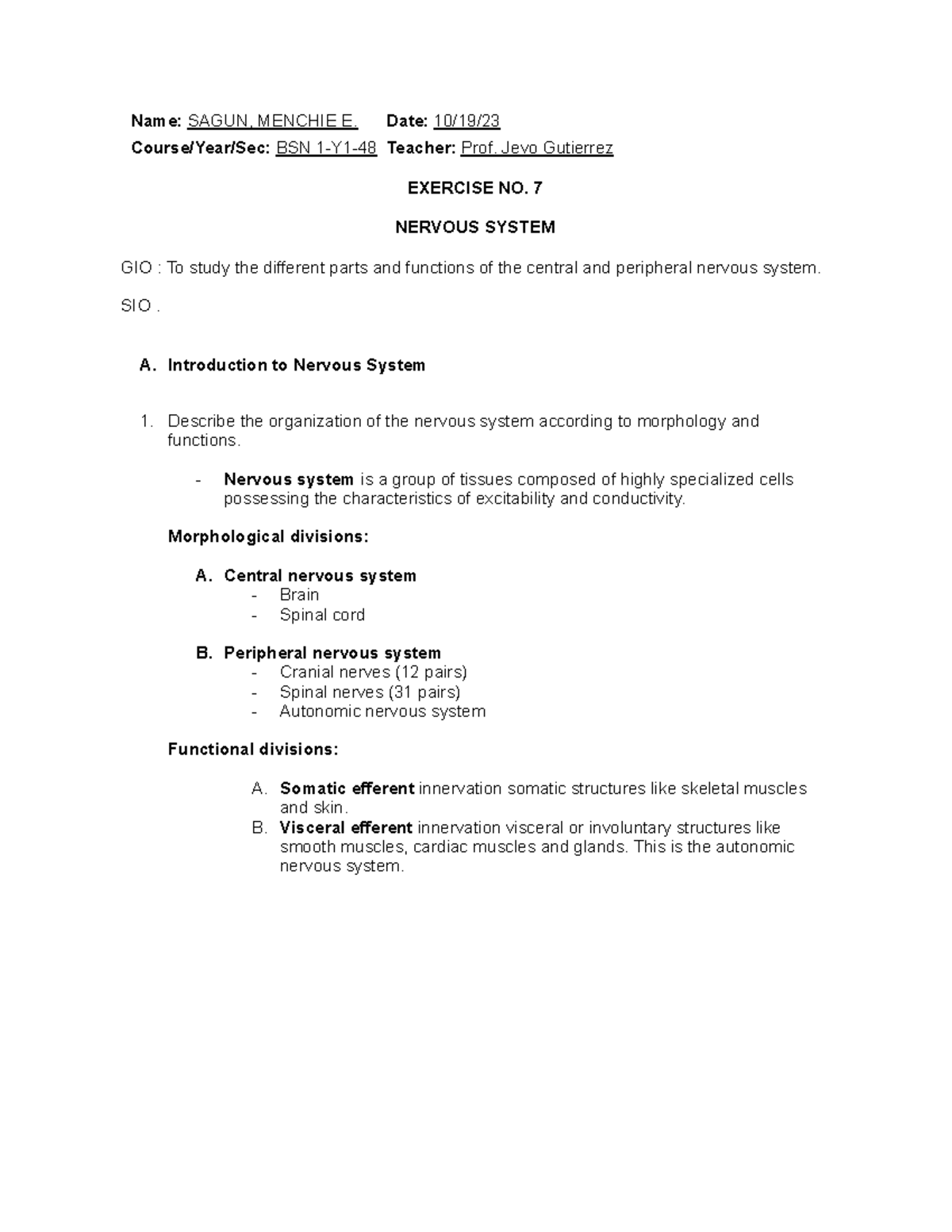 LAB Exercise Nervous System - Name: SAGUN, MENCHIE E. Date: 10/19 ...