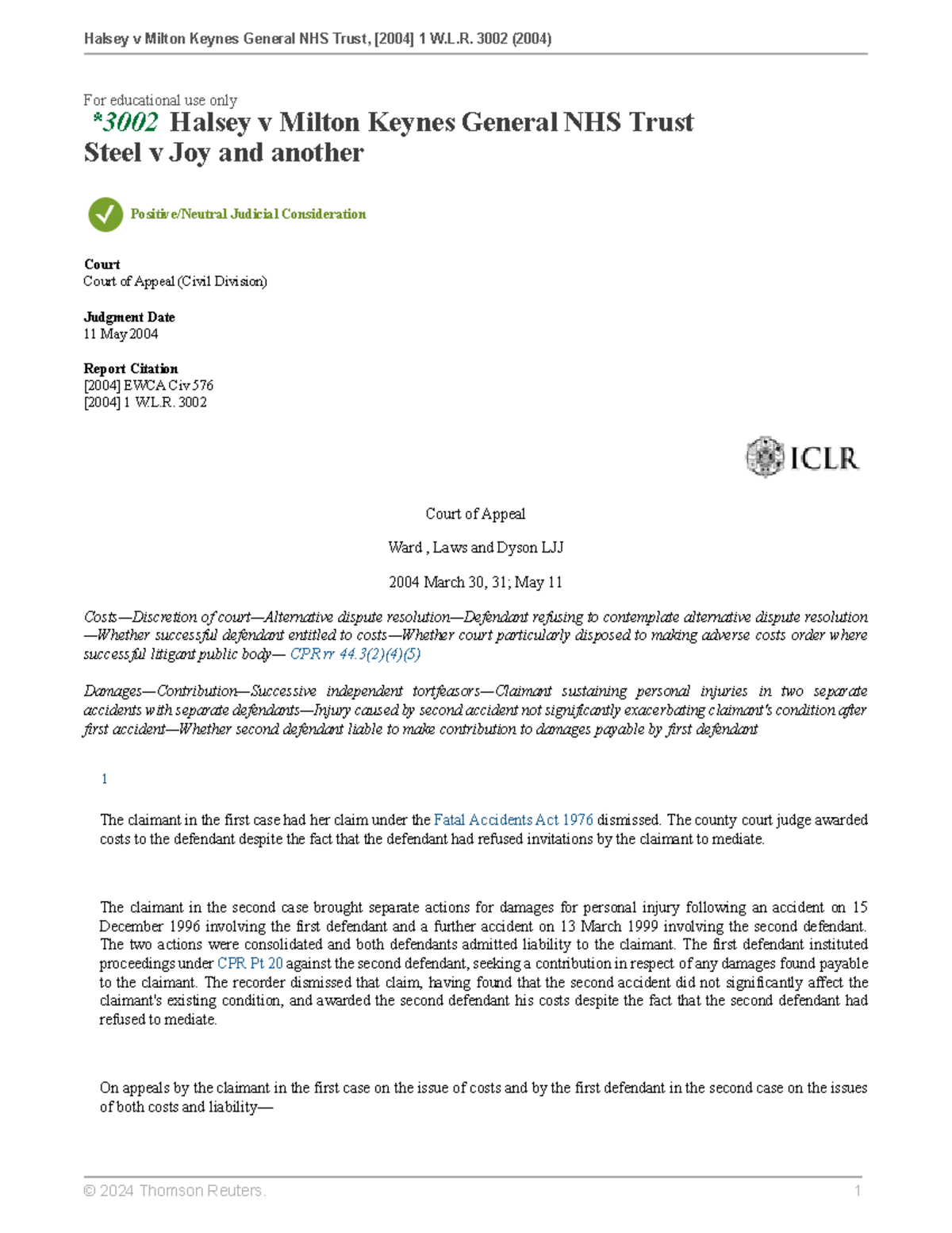 Halsey v Milton Keynes General NHS Trust - L. 3002 Court of Appeal Ward ...