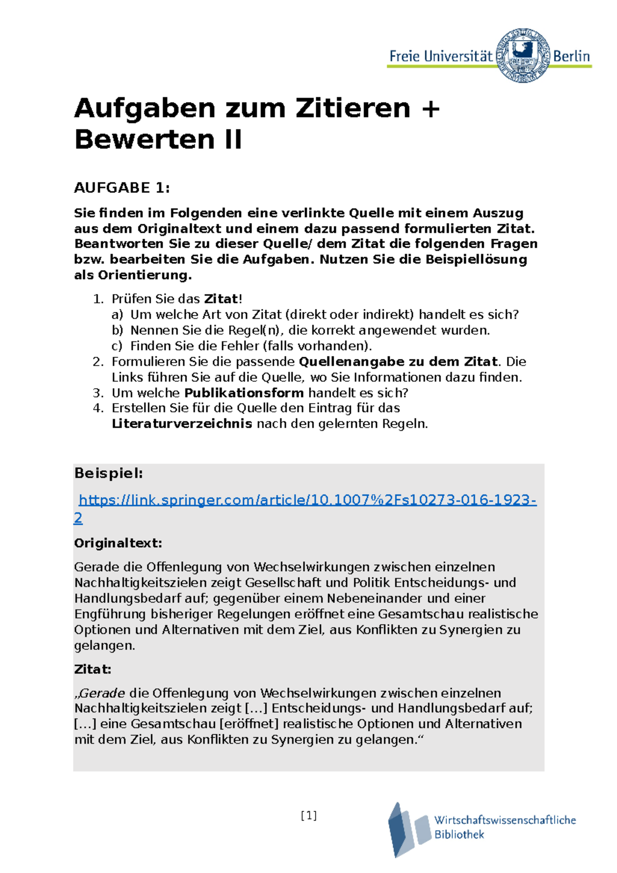 Aufgaben Zitierenbewerten Vwl Tutorium Aufgaben Zum Zitieren Bewerten Ii Aufgabe 1 Sie 8477