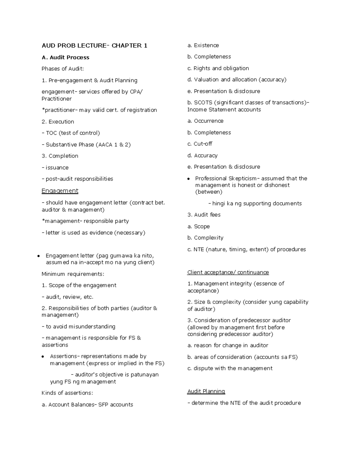 AUD PROB Lecture - Chapter 1- AACA 1 - AUD PROB LECTURE- CHAPTER 1 A. Audit Process Phases of ...