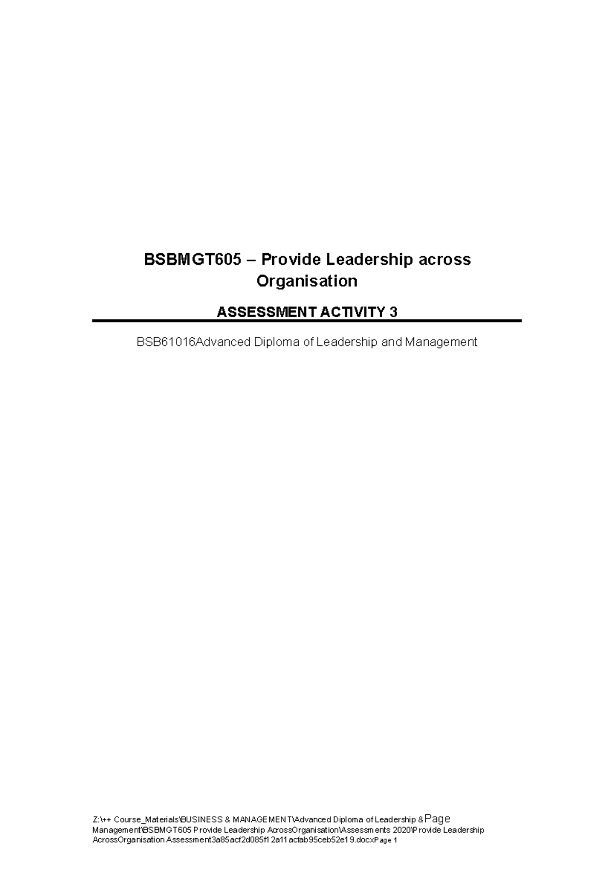 BSBMGT605 Provide Leadership across Organisation - BSBMGT605 – Provide ...