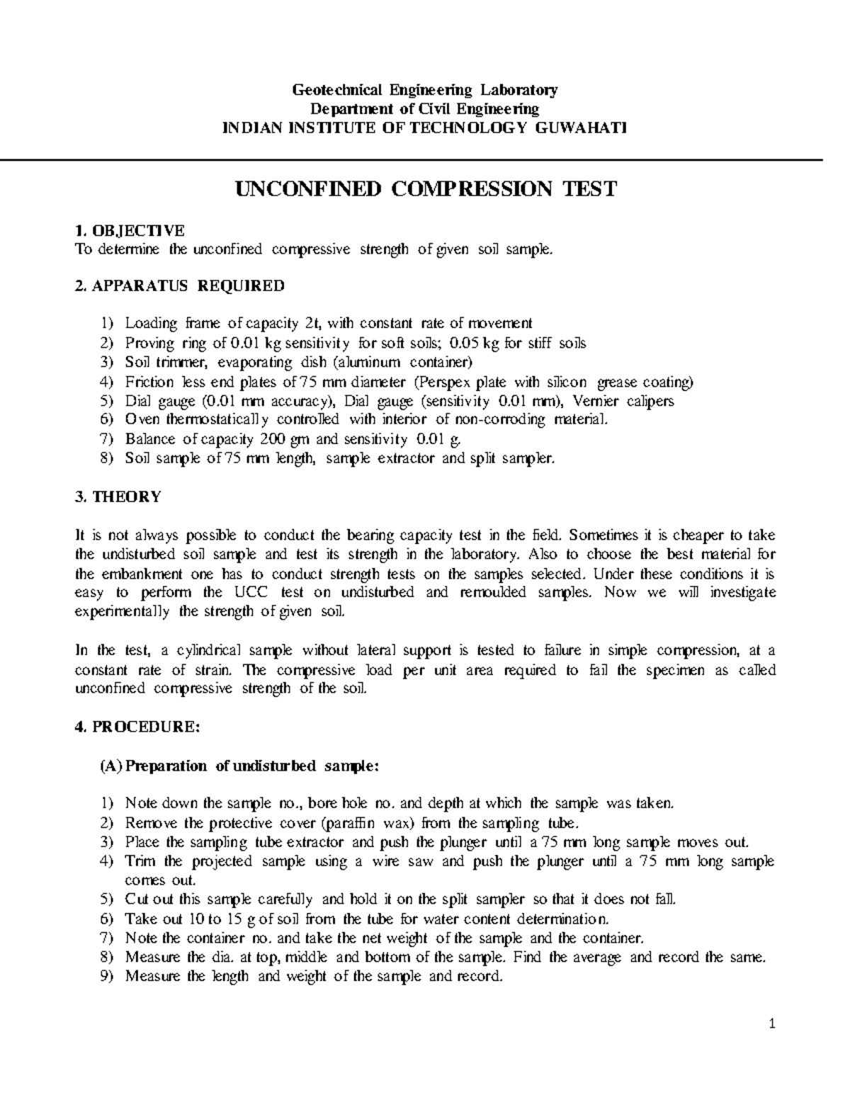 Unconfined compression test - 1 Geotechnical Engineering Laboratory ...
