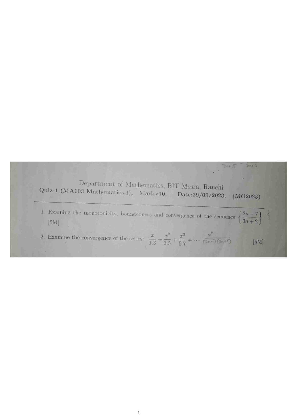 Quiz1Phy+Maths - Quiz 1 papers for Phy and maths - Physics - Department ...