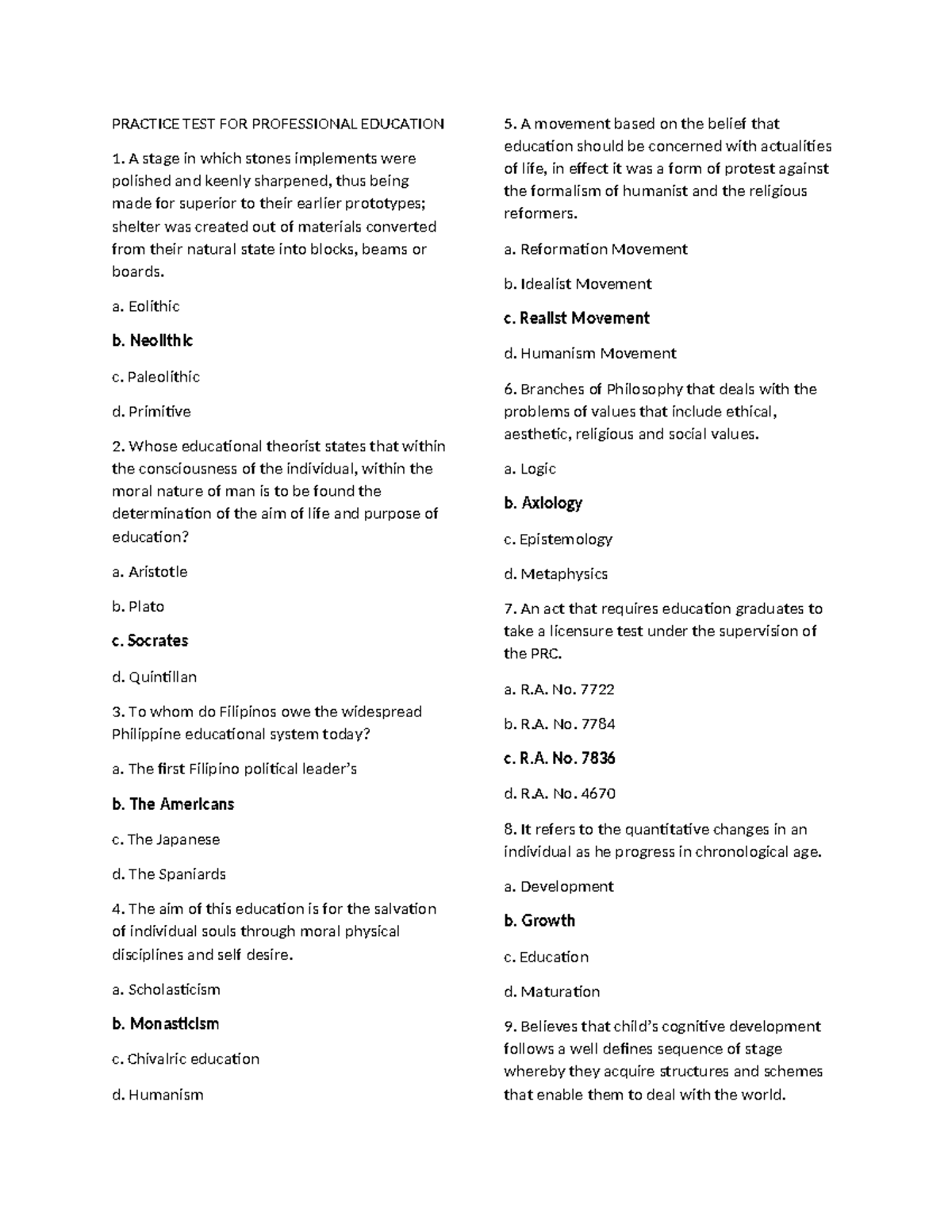 Profed 3 - Reviewer - PRACTICE TEST FOR PROFESSIONAL EDUCATION A stage ...