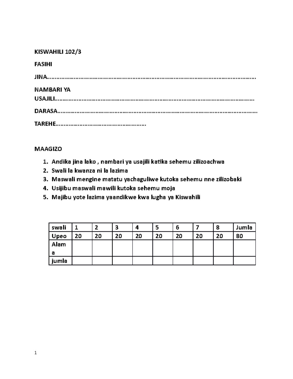 KIS F4 PP3 - tusome - KISWAHILI 102/ FASIHI - Studocu