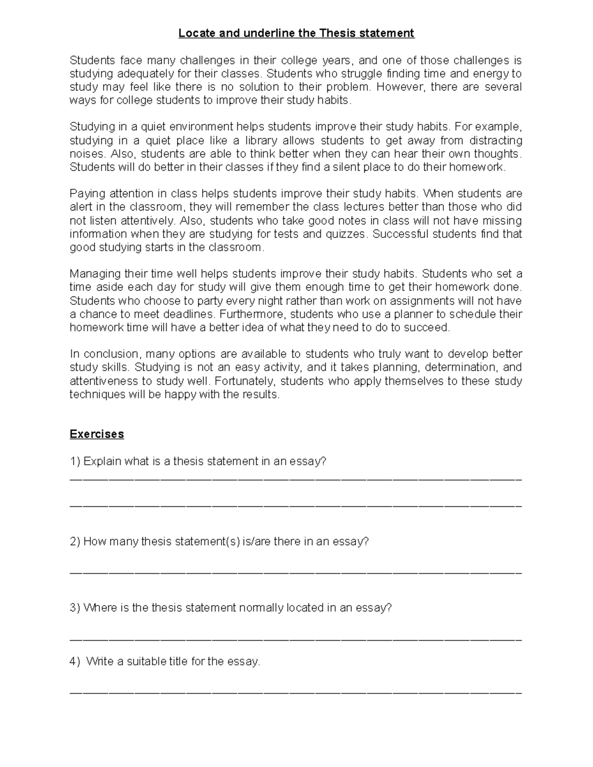Locate the Thesis statement and thesis statement exercises - Locate and ...