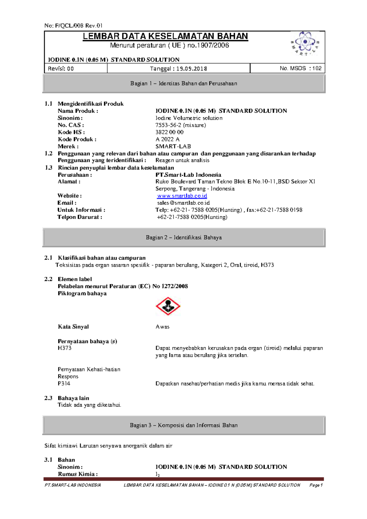 MSDS Iodine Solution 0 - materi - LEMBAR DATA KESELAMATAN BAHAN Menurut peraturan ( UE ) no ...