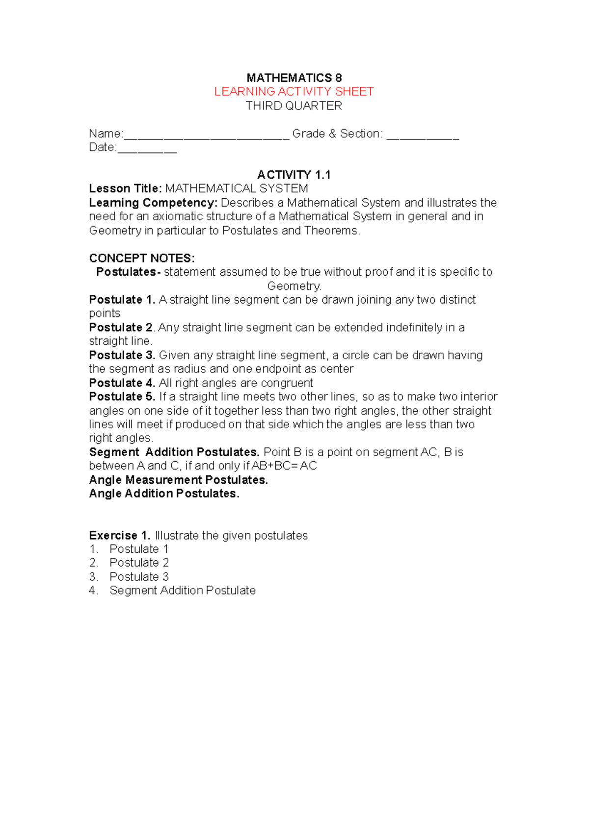 LAS Math 8 SPA - education - MATHEMATICS 8 LEARNING ACTIVITY SHEET ...