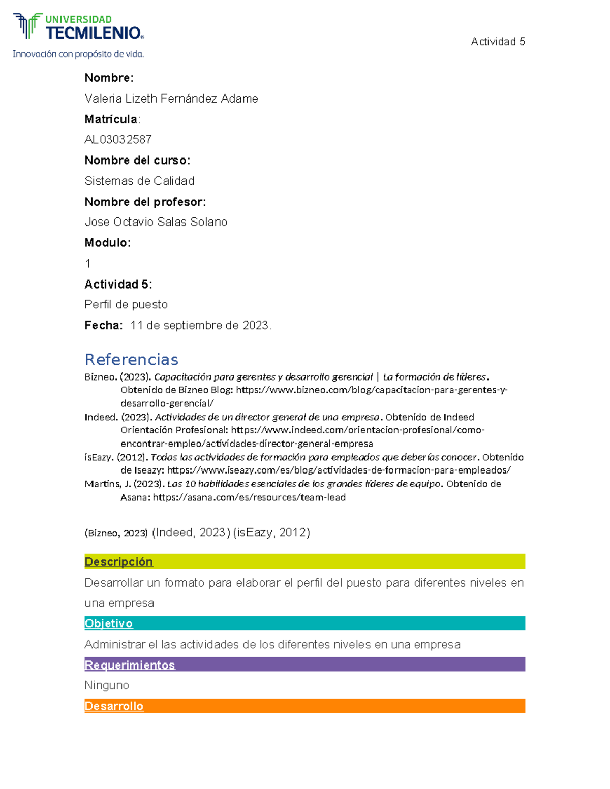 Sistemas de Calidad Actividad 5 - Nombre: Valeria Lizeth Fernández ...