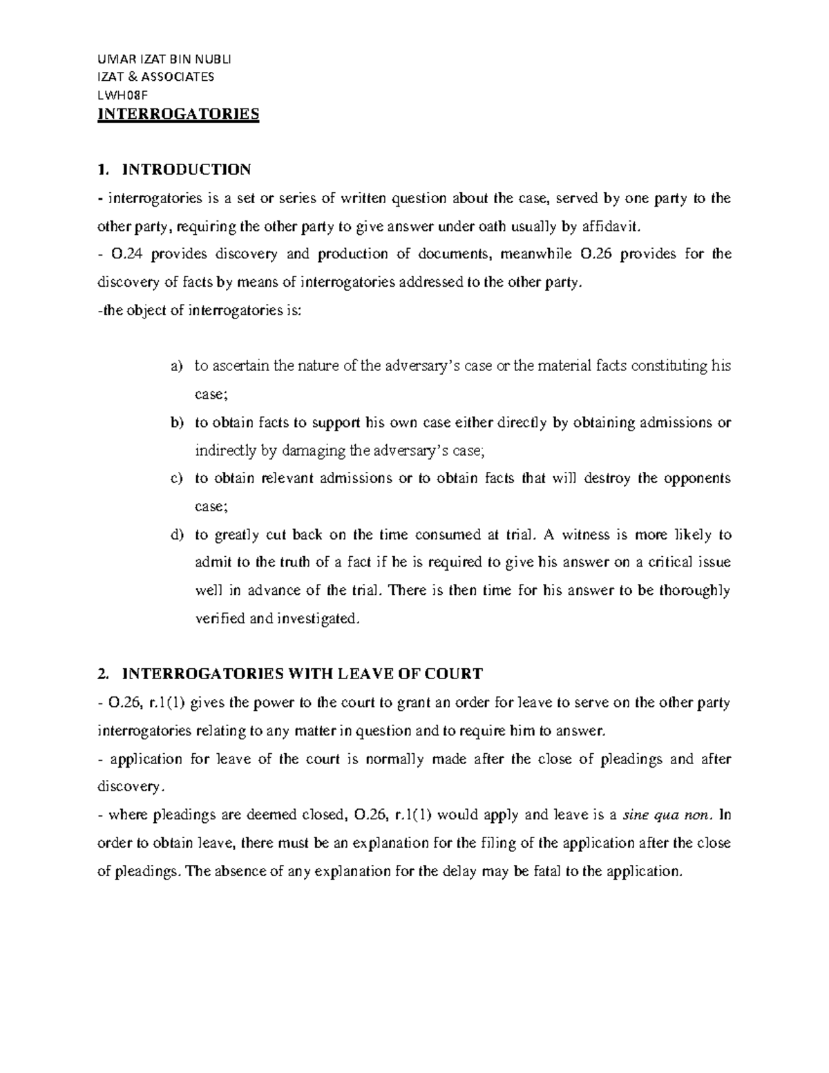 Interrogatories - IZAT & ASSOCIATES LWH08F INTERROGATORIES INTRODUCTION ...