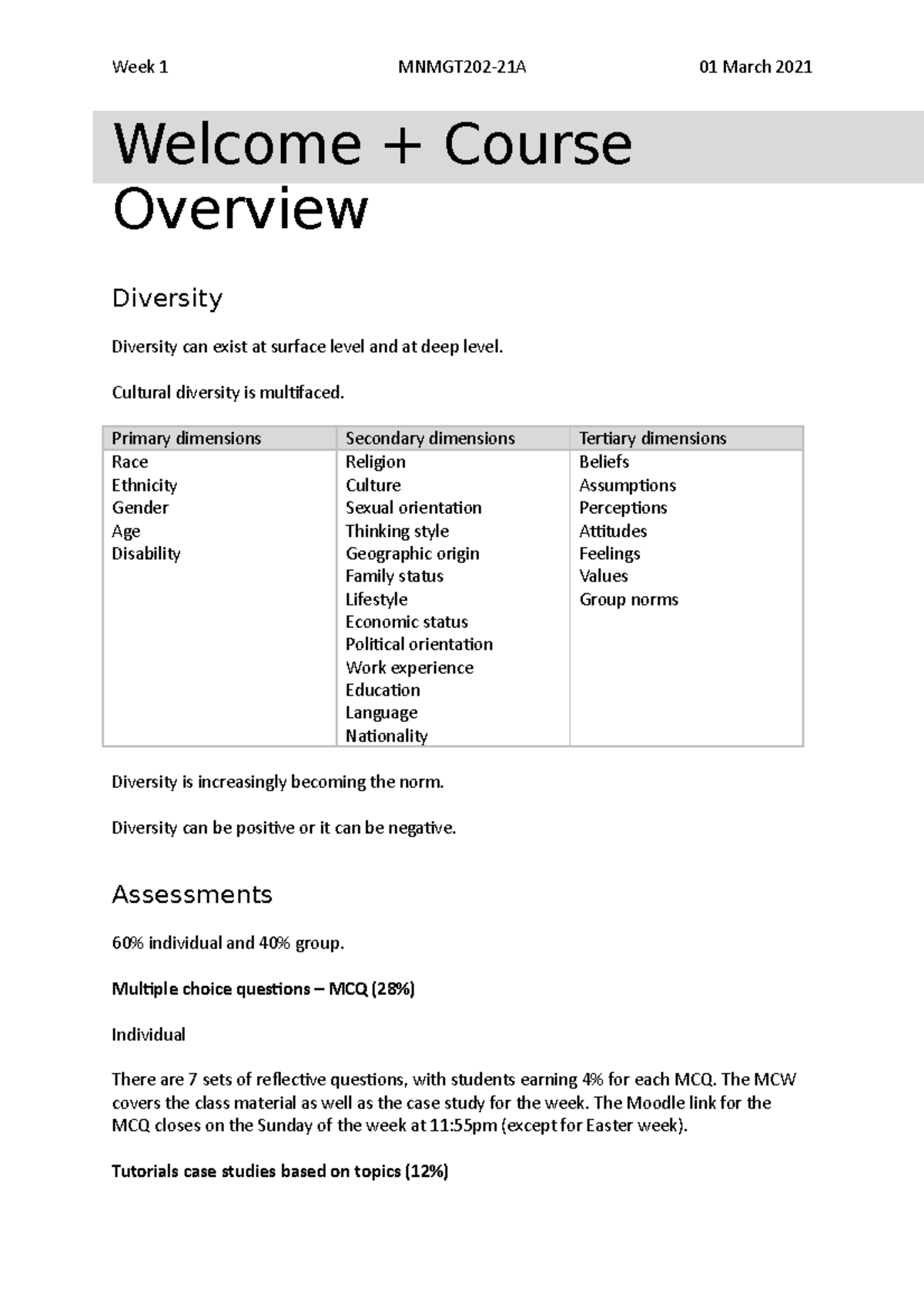 Welcome + Course Overview - Week 1 MNMGT202-21A 01 March 2021 Welcome ...