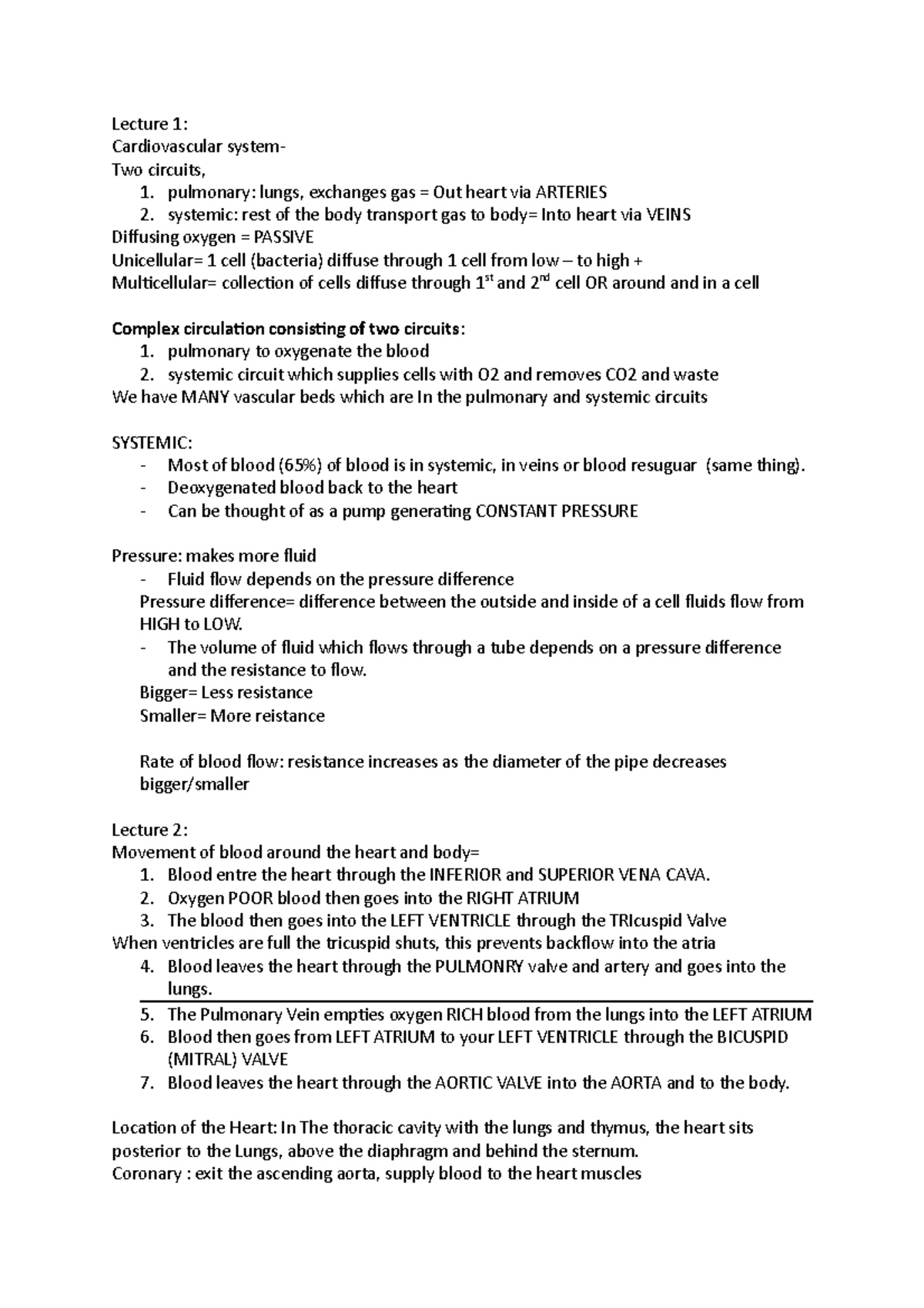 Bio lec 1-6 - Lecture notes 1-6 - Lecture 1: Cardiovascular system- Two ...