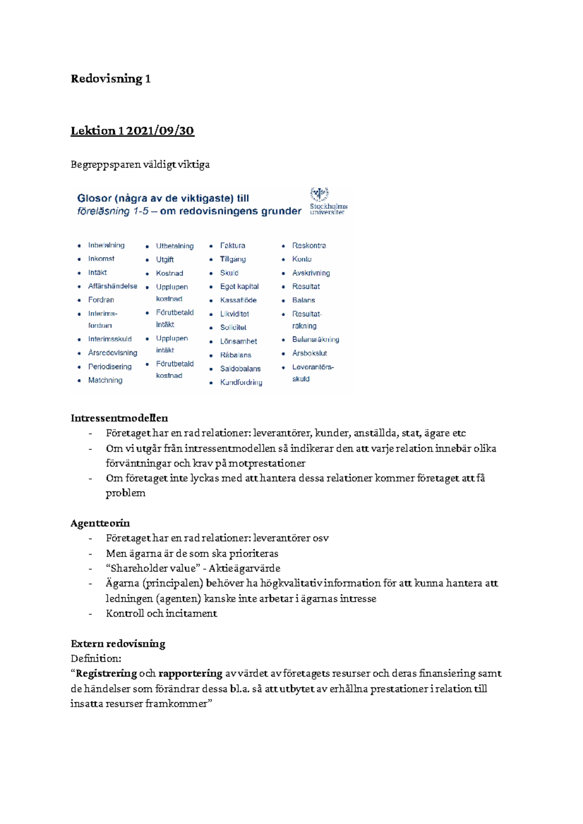 Redovisning anteckningar - Redovisning 1 Lektion 1 2021/09 ...