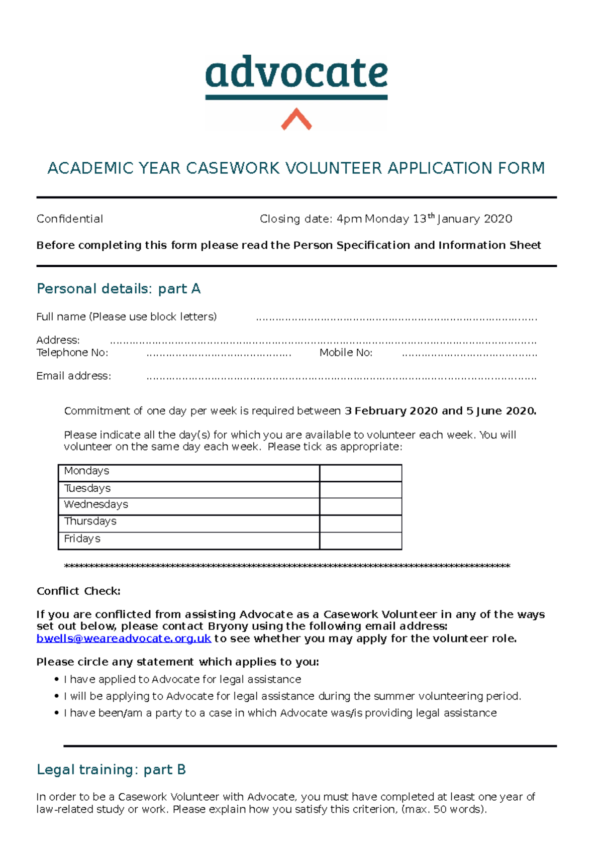 Advocate Academic Year Casework Volunteer Feb - June 2020 Application ...