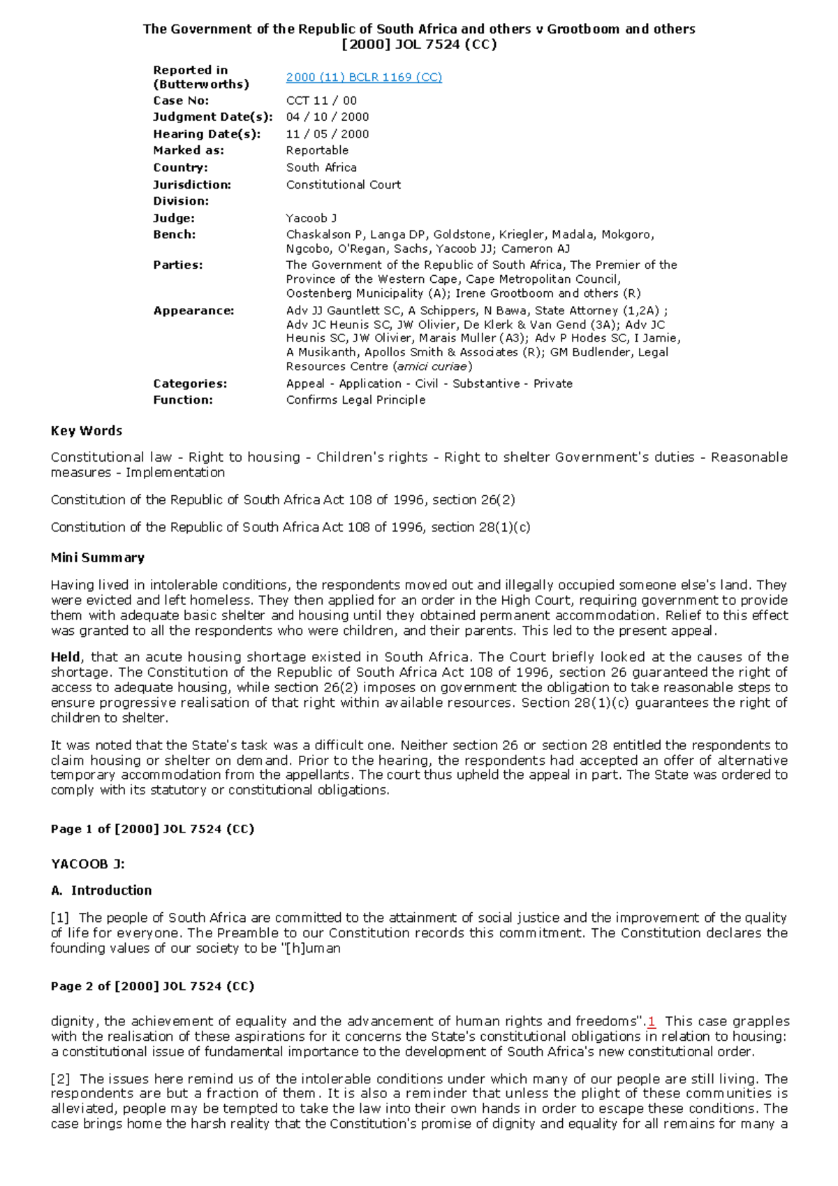 The Government of the Republic of South Africa and others v Grootboom ...