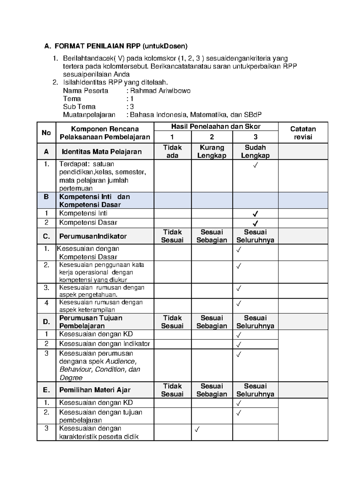 Penilaian RPP Rahmad Ariwibowo oleh Ikhwan Rahmaddani - A. FORMAT ...
