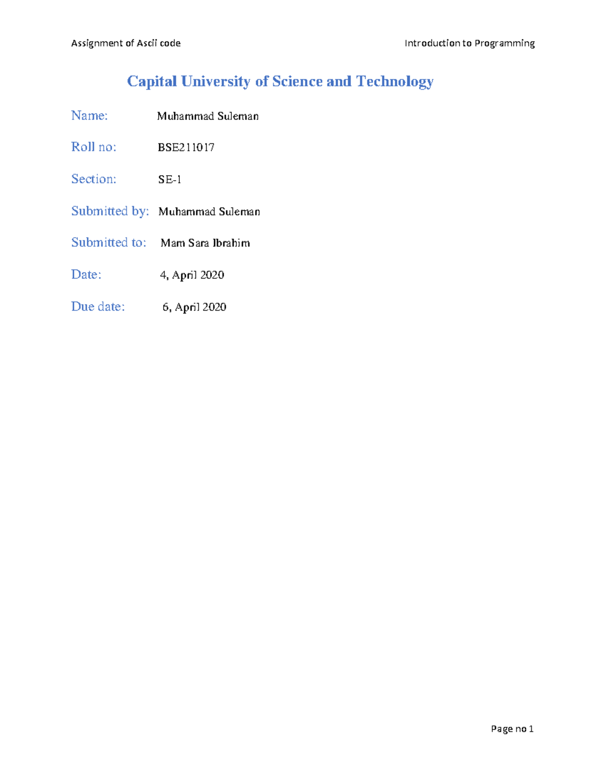 Muhammad Suleman BSE211017 - Capital University of Science and Technology Name: Muhammad Suleman ...