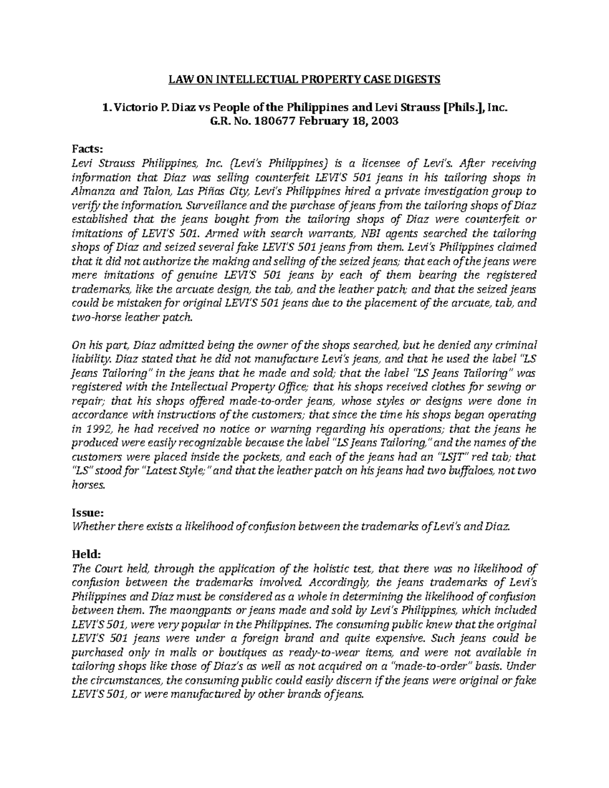 Intellectual Property Case Digests - LAW ON INTELLECTUAL PROPERTY CASE ...