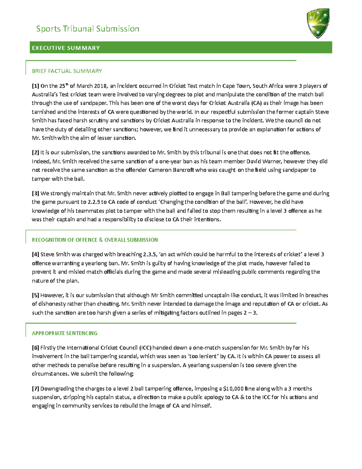 Tribunal Submission - Credit - EXECUTIVE SUMMARY BRIEF FACTUAL SUMMARY ...
