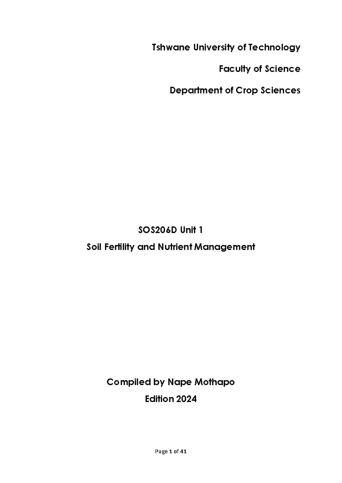 SOS206D Unit 1 Notes 08.02.24 - Tshwane University of Technology ...
