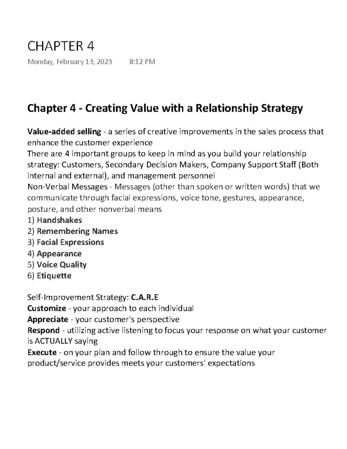 Chapter 4 - Chapter 4 - Creating Value with a Relationship Strategy Value-added selling - a ...