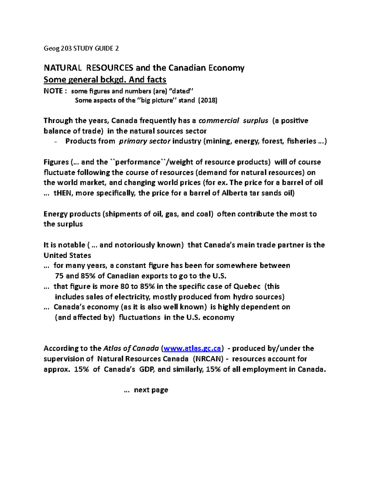 Geog 203 Study Guide 2 - Geog 203 STUDY GUIDE 2 NATURAL RESOURCES and ...