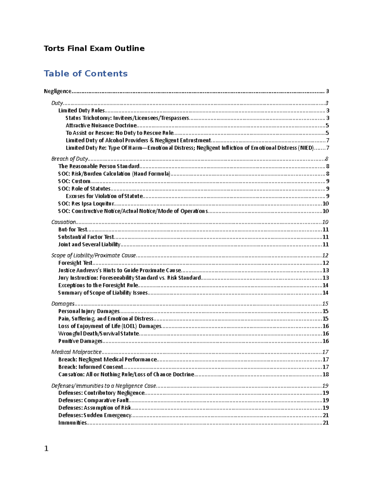 Torts Final Exam Outline - Torts Final Exam Outline Negligence - Studocu