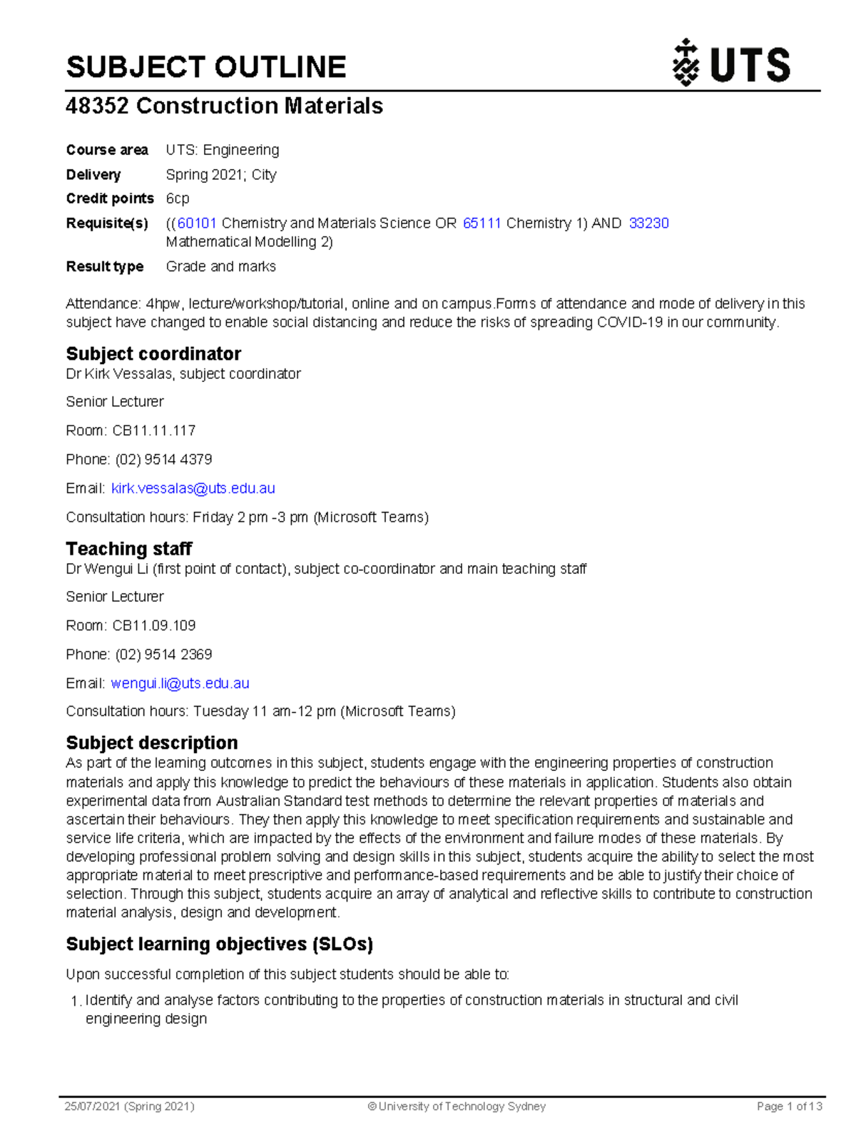 Construction Materials Subject Outline spring 2021 - SUBJECT OUTLINE ...