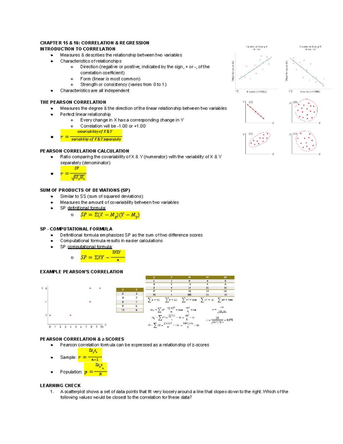 PSY 3234 Chp 15 & 16 Notes - CHAPTER 15 & 16: CORRELATION & REGRESSION ...