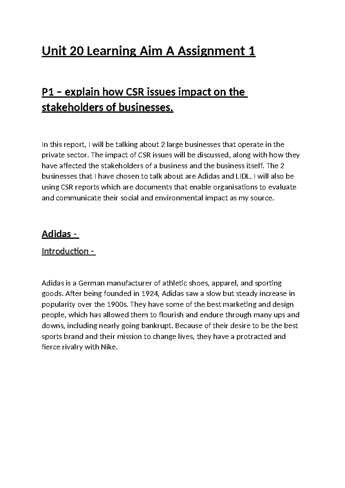 Unit 15 Learning Aim C Assignment 2 - Unit 20 Learning Aim A Assignment 1 P1 – explain how CSR ...