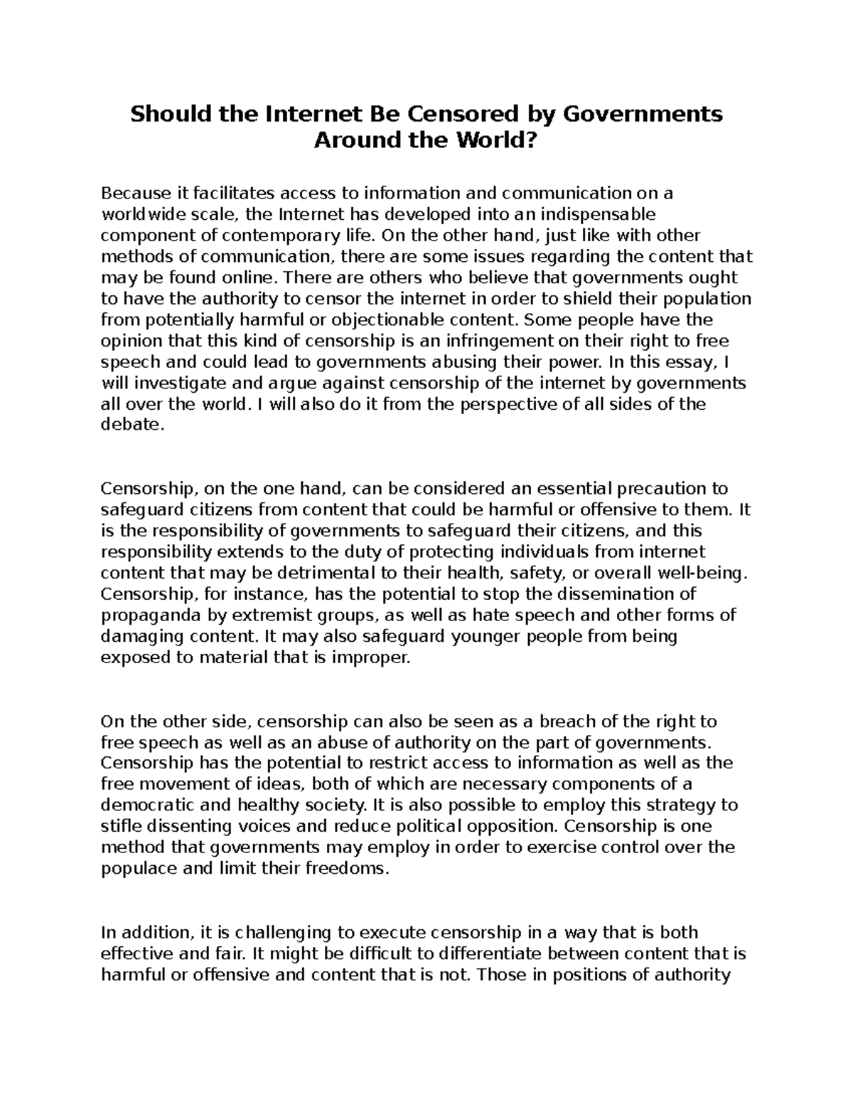 Should the Internet Be Censored by Governments Around the World (Essay ...