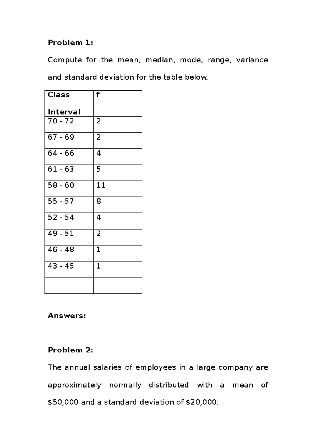 Mid Term Problem Set Eguilos - Problem 1: Compute for the mean, median ...