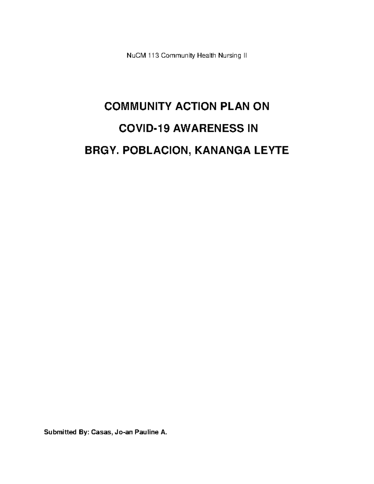 Action Plan on Community Health Nursing - NuCM 113 Community Health ...