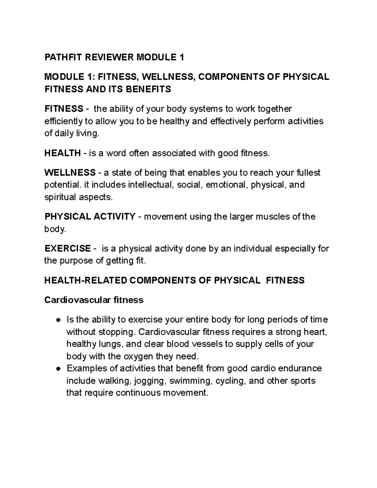 Pathfit Reviewer Module 1 - PATHFIT REVIEWER MODULE 1 MODULE 1: FITNESS ...