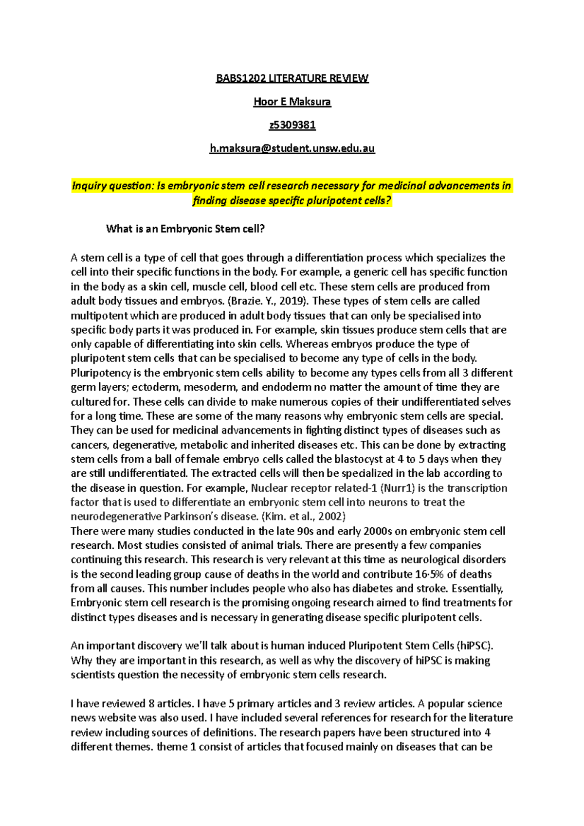 BABS1202 Lit Review Final - BABS1202 LITERATURE REVIEW Hoor E Maksura z ...